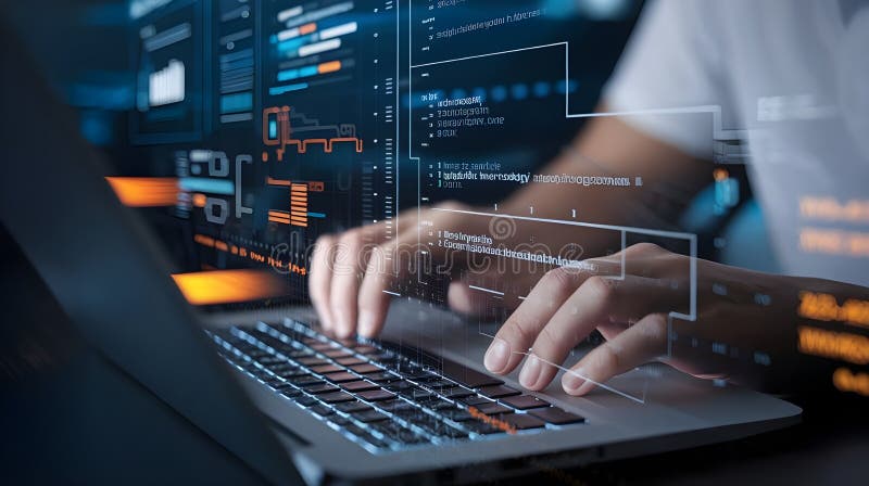 Programmer Working On Laptop With Code And Data Visualization Stock 8040