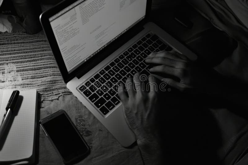 Programmer Working on Laptop with Code on Screen in Dark Environment Stock Illustration ...