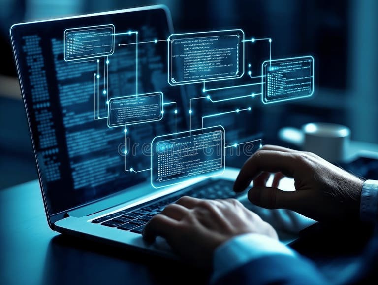 A Programmer Working on a Laptop with Glowing Digital Data Windows, Representing Software ...