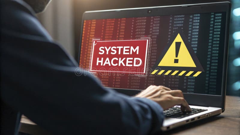 Programmer Working on a Laptop with System Hacked Alert on Screen and ...