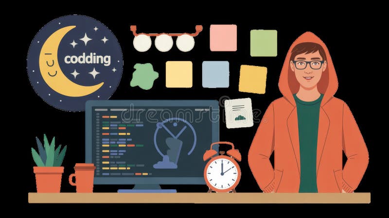 Programmer Working Late at Night Coding on Transparent Background Stock Image - Image of remote ...