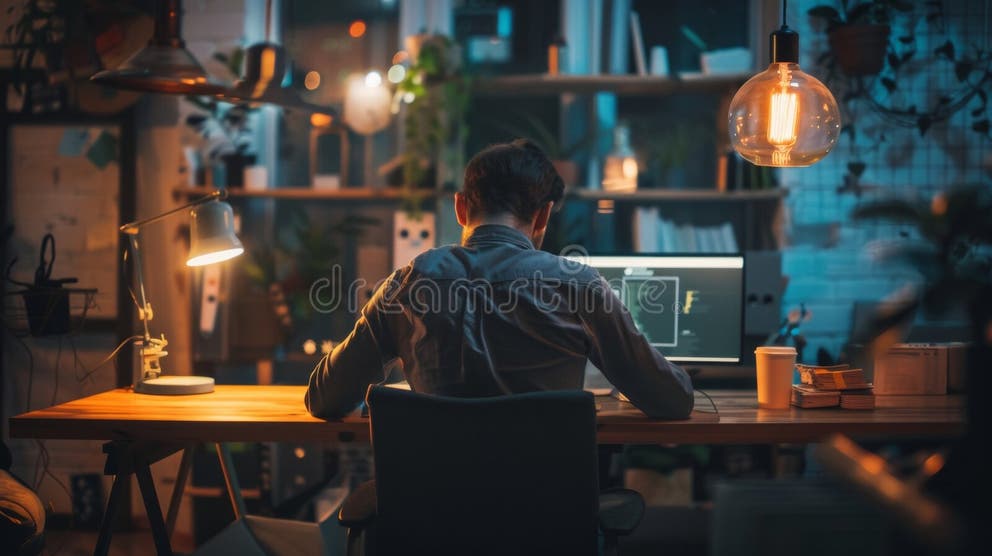 Programmer Working Late at Night in a Cozy Workspace Stock Image ...