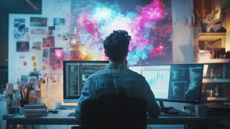 Programmer Working Late at Night in a Creative Office, Inspired by a ...