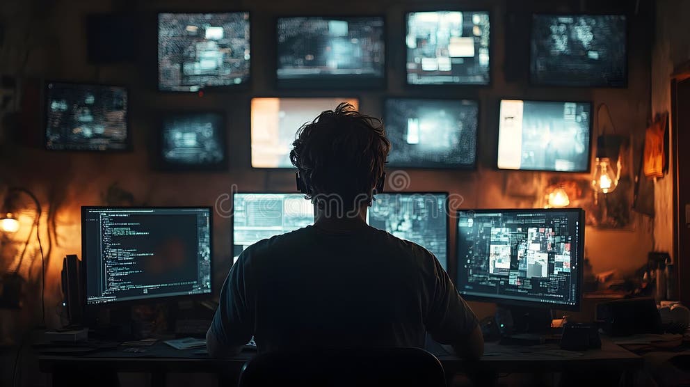 Programmer Working Late at Night in Front of Multiple Monitors ...