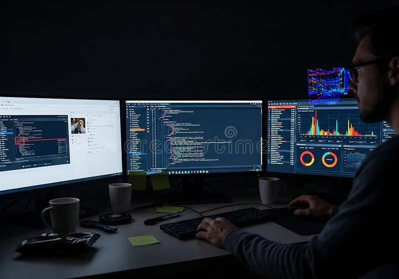 Programmer Working Late at Night on Multiple Monitors Displaying Code and Data {Ai Generated ...