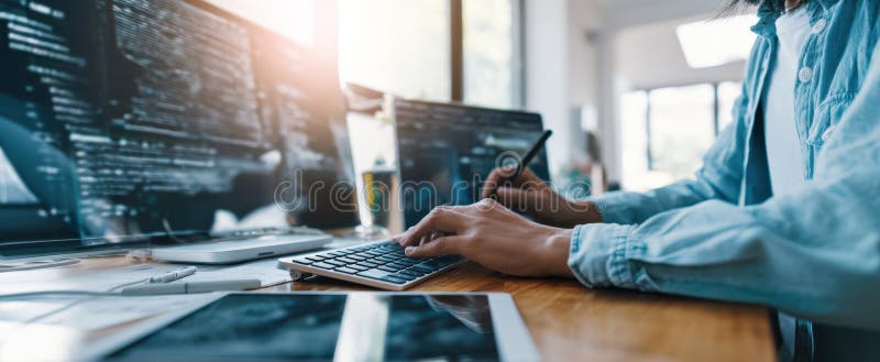 The Programmer Working at a Modern Desk with Multiple Computers and Devices..AI Generated Image ...