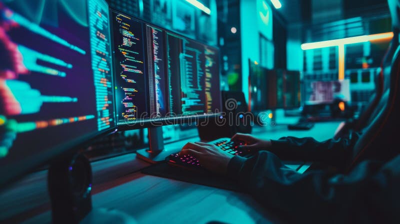 Programmer Working at Multi-screen Computer Setup with Coding Interface Stock Photo - Image of ...