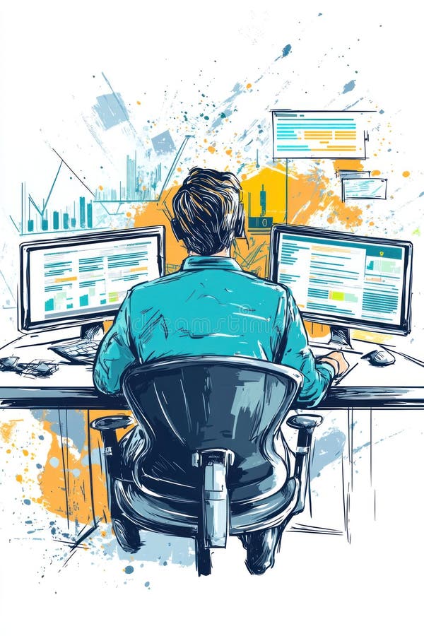 Programmer Working Multiple Computer Screens Data Analysis Charts Stock