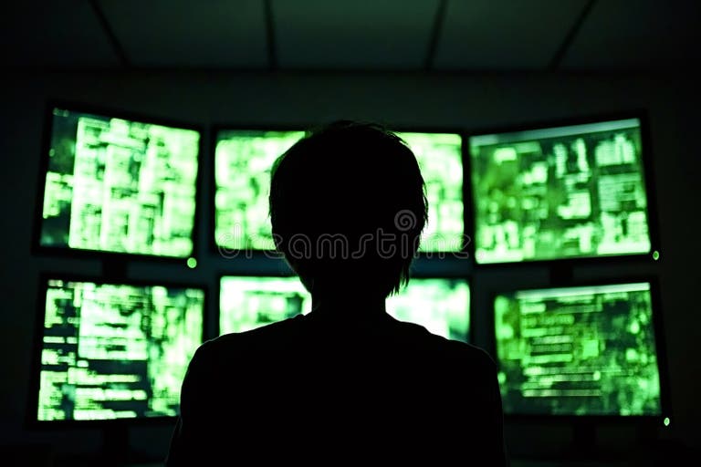 Programmer Working on Multiple Computer Screens with Green Code in Dark ...