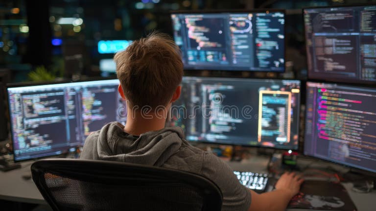 Programmer Working at Multiple Computer Screens in a Modern Office at ...