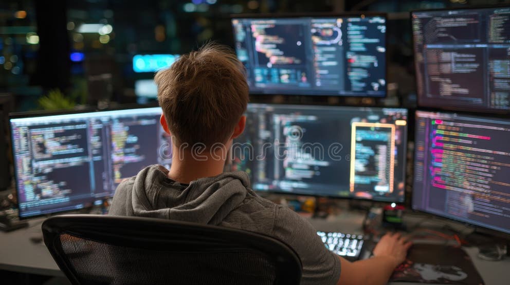 Programmer Working at Multiple Computer Screens in a Modern Office at Night Focused on Coding ...