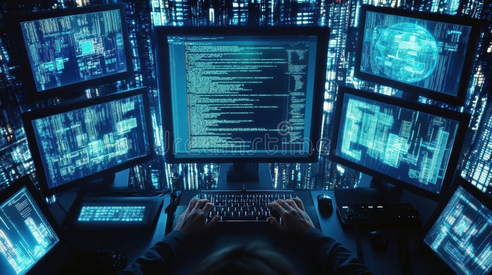 Programmer Working with Multiple Computer Screens Showing Code and Data Visualizations Stock ...