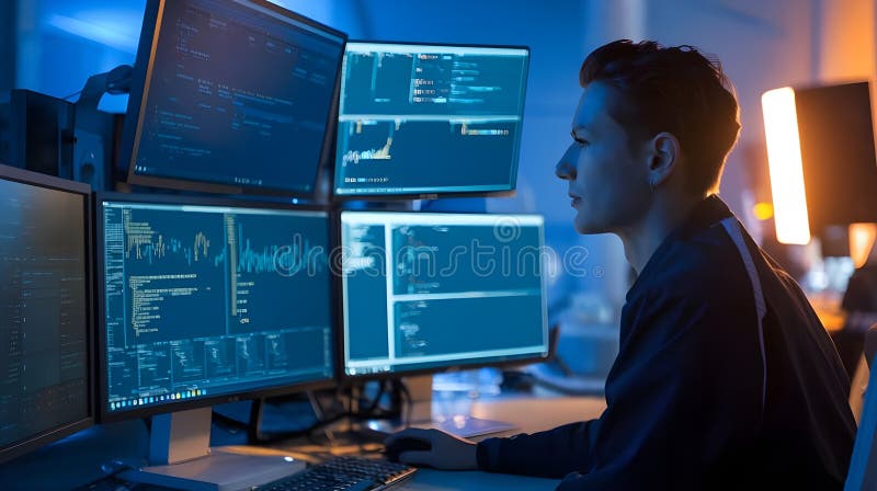 Programmer Working On Multiple Monitors With Code And Data Analysis 4562