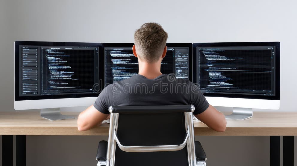 Programmer Working with Multiple Monitors and Coding Software Stock Illustration - Illustration ...