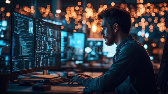Programmer Working on Multiple Monitors in a Dimly Lit Office Stock ...