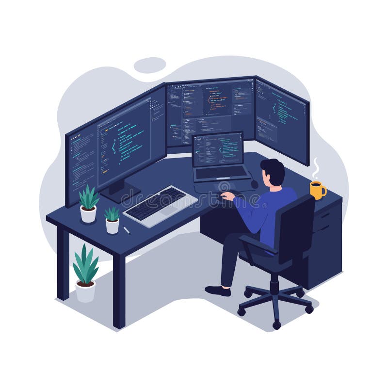 Programmer Working on Multiple Screens with Code in Modern Flat Design Vector Illustration Stock ...