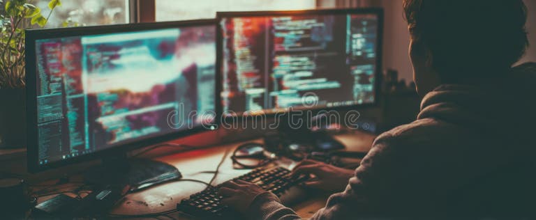 The Programmer Working on Multiple Screens in a Modern Workspace ...