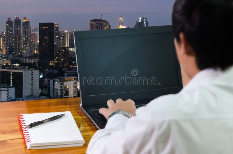 Programmer Working in the Office at Night City Stock Photo - Image of ...