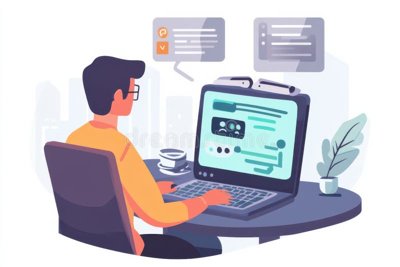 Programmer Working Remotely Using Laptop And Managing Projects Online Stock Illustration