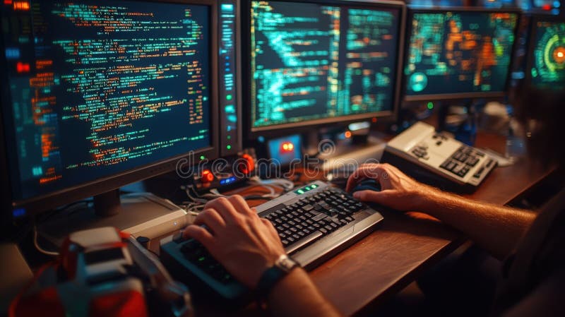 Programmer Working Software Development Project Using Multiple Monitors ...