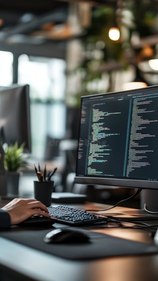 Programmer Working in a Tech Office, Typing Code on a Large Monitor. Indoor Modern Workspace ...