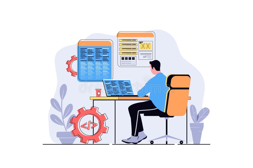 Programmer Working Web Concept with Cartoon People Design. Man ...