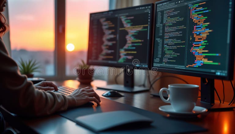 Programmer Working At Workstation With Multiple Screens Displaying Code