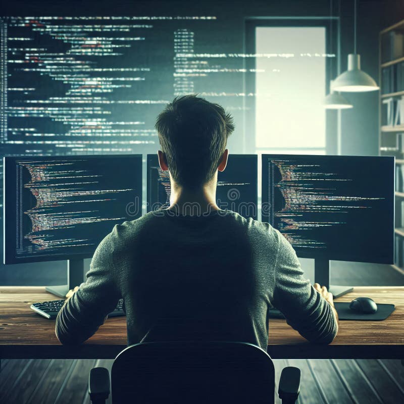 A Programmer Works On Code Displayed Across Multiple Monitors In A