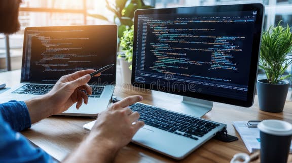 A Programmer Works with Code on a Dual-monitor Setup, Enhancing ...