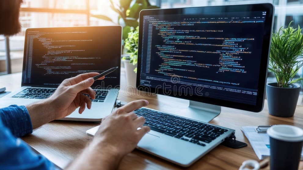 A Programmer Works With Code On A Dual Monitor Setup Enhancing 7034