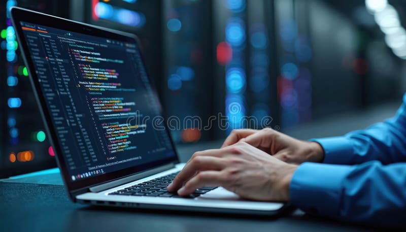 Programmer Works on Laptop. Coding, Software Development, Database ...