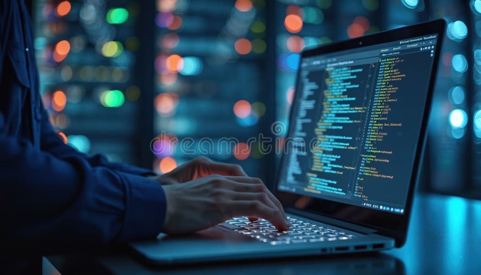 Programmer Works on Laptop in Server Room. Coding, Programming Concept. it Engineer Typing on ...