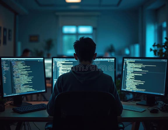 Programmer Works Late Night in Dark Office Coding on Computer. Focused ...