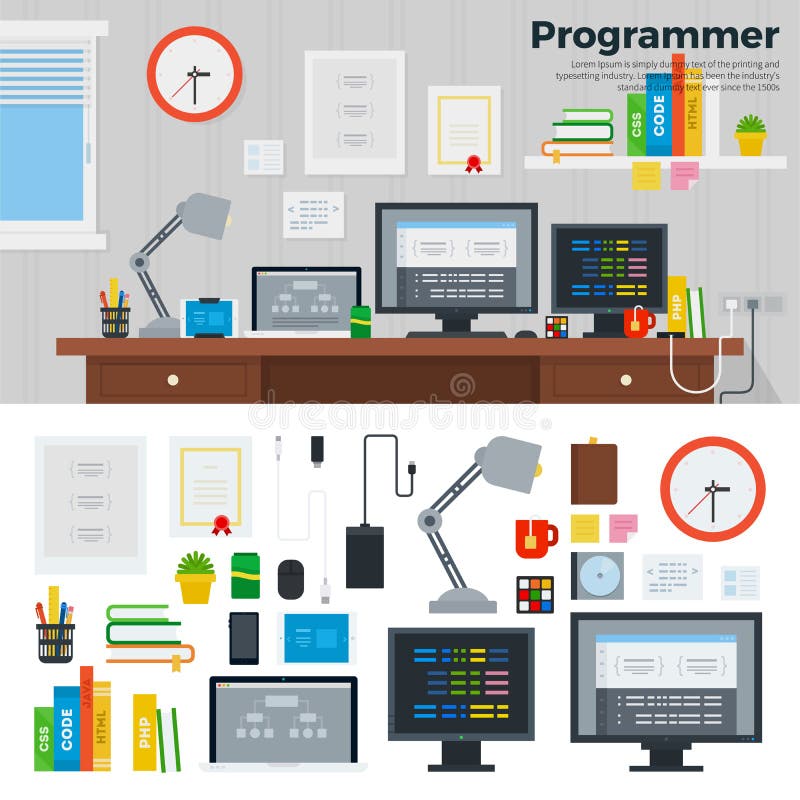 Programmer Workspace with Hardware Stock Vector - Illustration of ...