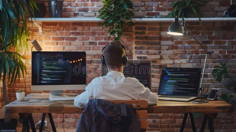 The Programmer at Workstation. AI Generated Stock Image - Image of headphones, software: 373236245