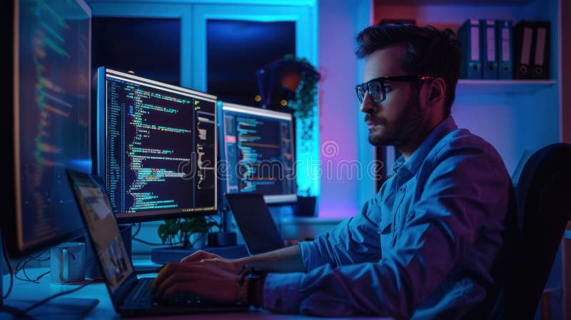 The Programmer At Workstation Ai Generated Stock Image Image Of Blue