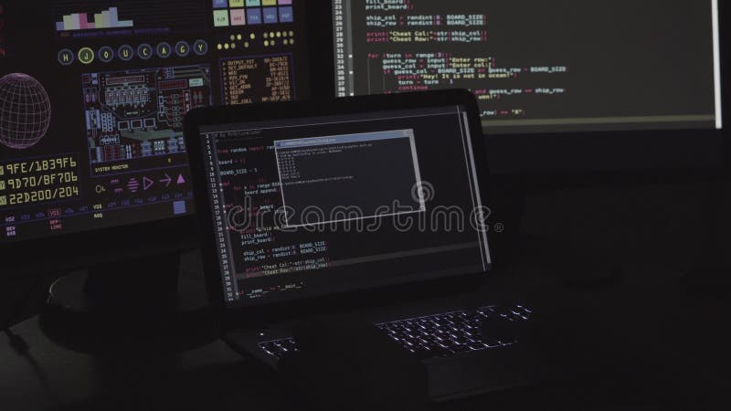 It Programmer Write Code Program on the Laptop in Dark Room Stock ...