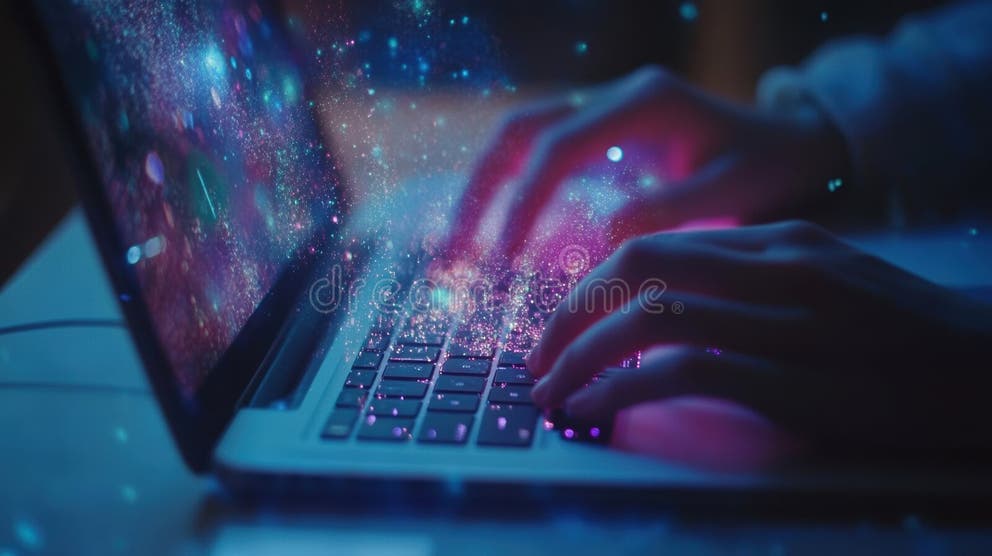 Programmer Writing Code and Generating Digital Data on Laptop Keyboard ...