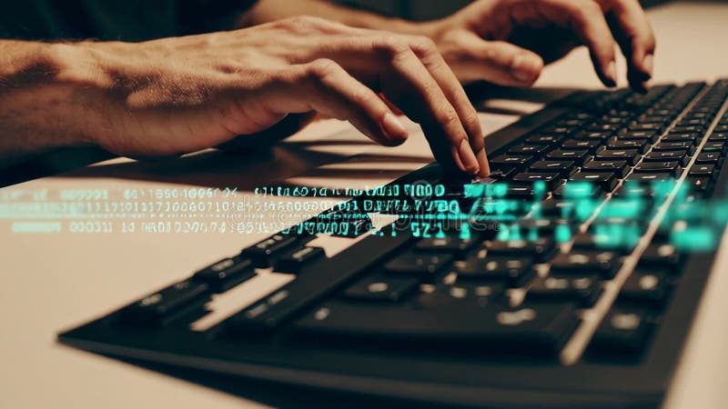 Programmer Writing Code On Keyboard And Data Stream Flowing Stock Video