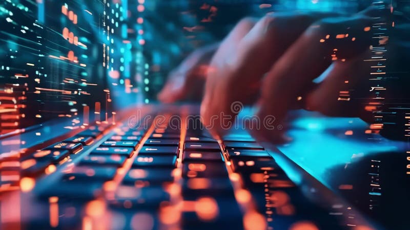 Programmer Writing Code On Keyboard With Futuristic Digital Data Stock Footage Video Of