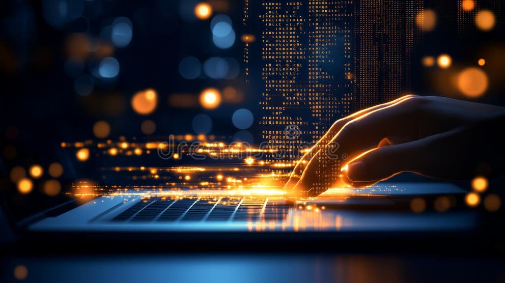 Programmer Writing Code on Laptop Keyboard Creating Futuristic Data ...