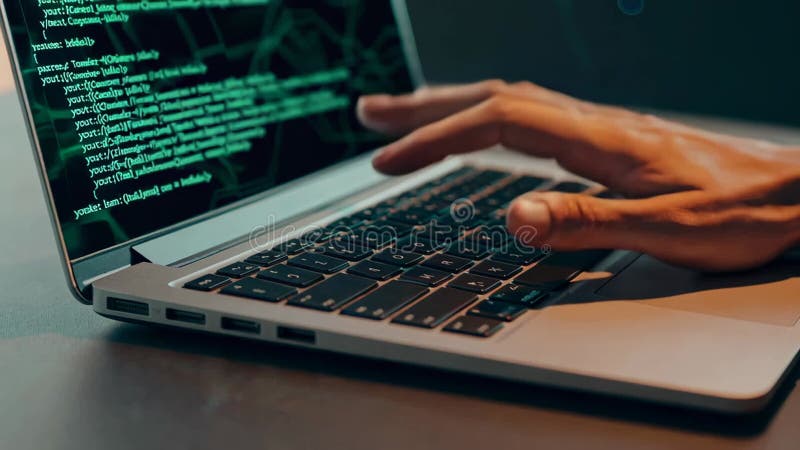 Programmer Writing Code on Laptop Keyboard in Dark Room Stock Footage ...