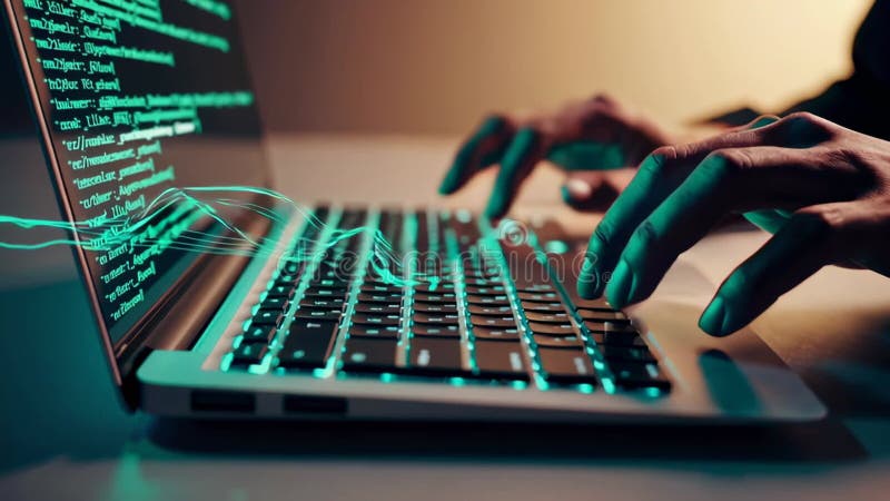 Programmer Writing Code On Laptop Keyboard And Generating Data Flow