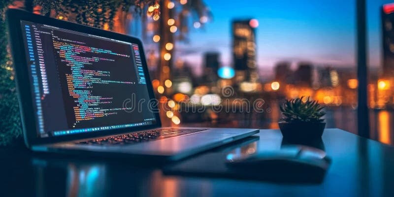 Programmer Writing Code on Laptop in Modern Workspace, Focused on ...