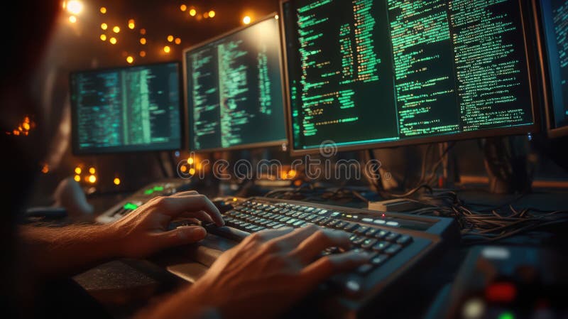 Programmer Writing Code on Multiple Computer Screens in a Dark Room Stock Image - Image of code ...
