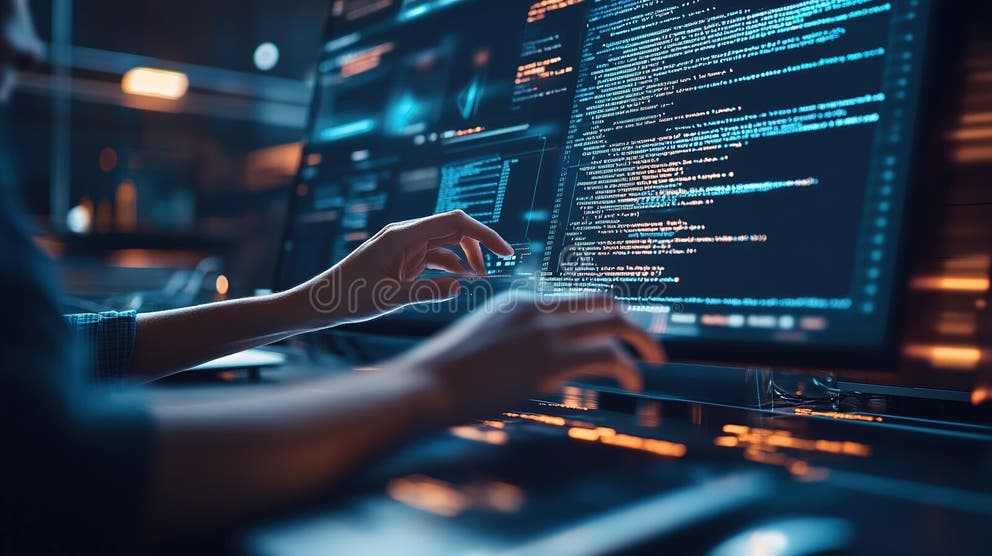A Programmer Writing Code on Multiple Monitors in a Dimly Lit Room at ...