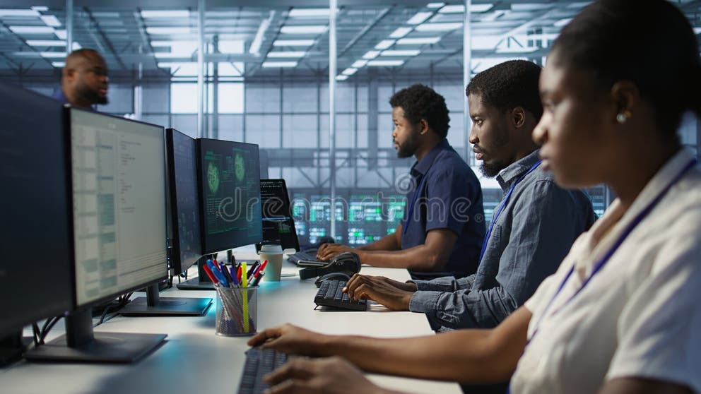 Programmers in Data Center Office Doing Teamwork To Delete Virus Stock ...