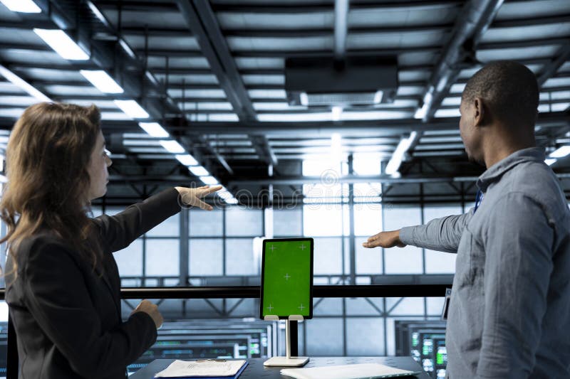 Programmers in Data Center Using Mockup Laptop, Inspecting Server Rigs Stock Image - Image of ...