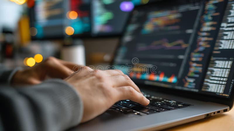 Programmer Hands Typing Code on Laptop with Data Charts Displayed Creating Software ...