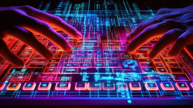 Programmers Typing Futuristic Keyboard Programming Software Code Cyber